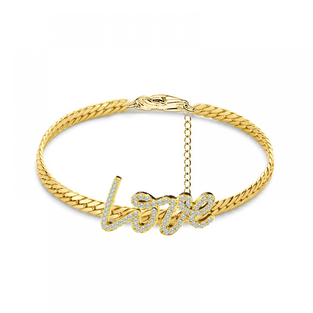 BRACCIALE CATENA CUBANA PIATTA CON SCRITTA 'LOVE' IN ZIRCONI - YC2464B977